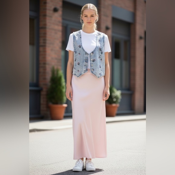 Stoosh | Jackets & Coats | Denim Embroidered Vest Chic Blush Floral ...